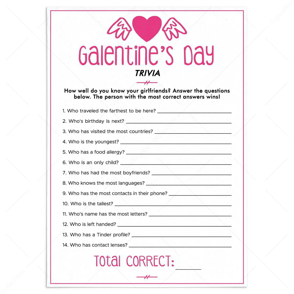 Neon Pink Galentines Day Trivia Quiz Game | Instant Download