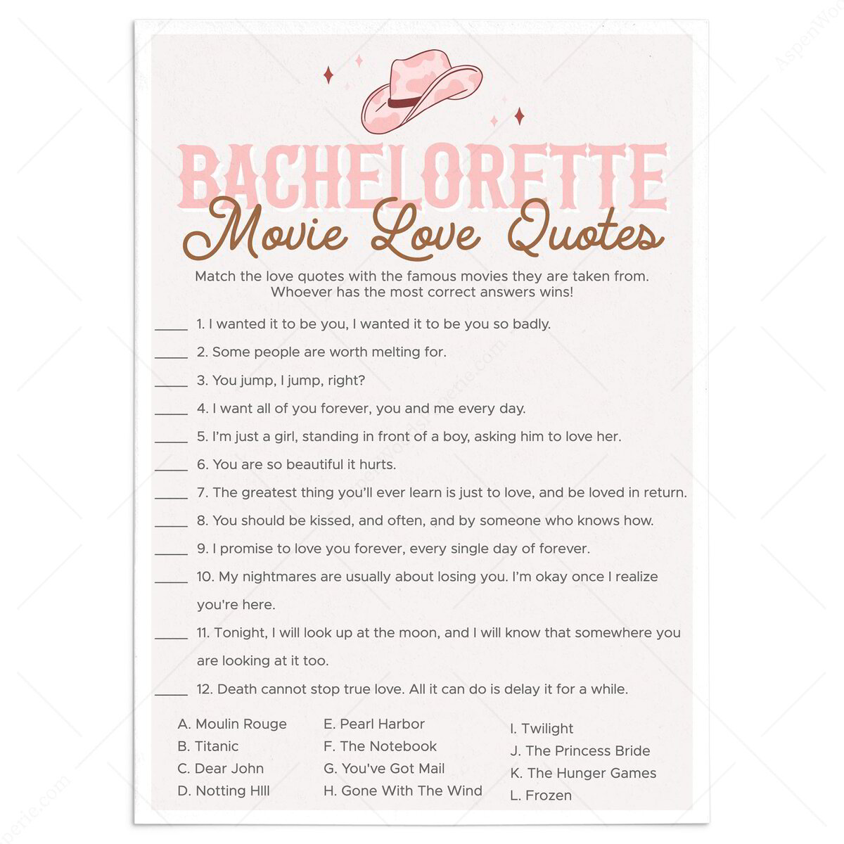 Rom Com Movie Love Quotes Game | Western Bach Party Idea