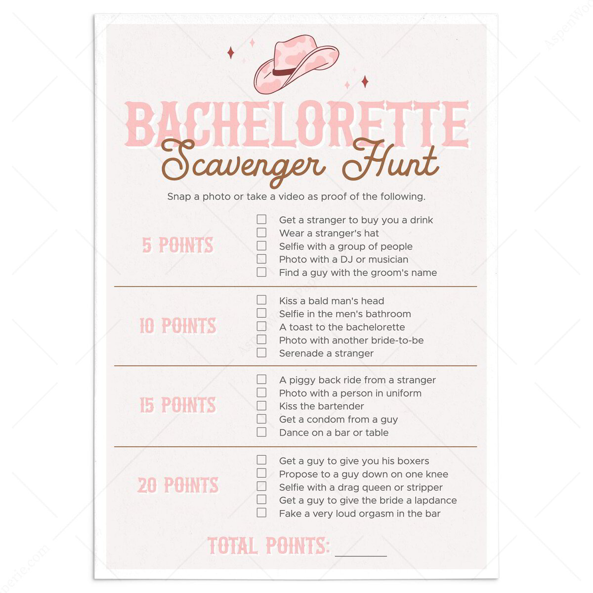 Bachelorette Party Scavenger Hunt Printable TRIXIE Retro Pink And