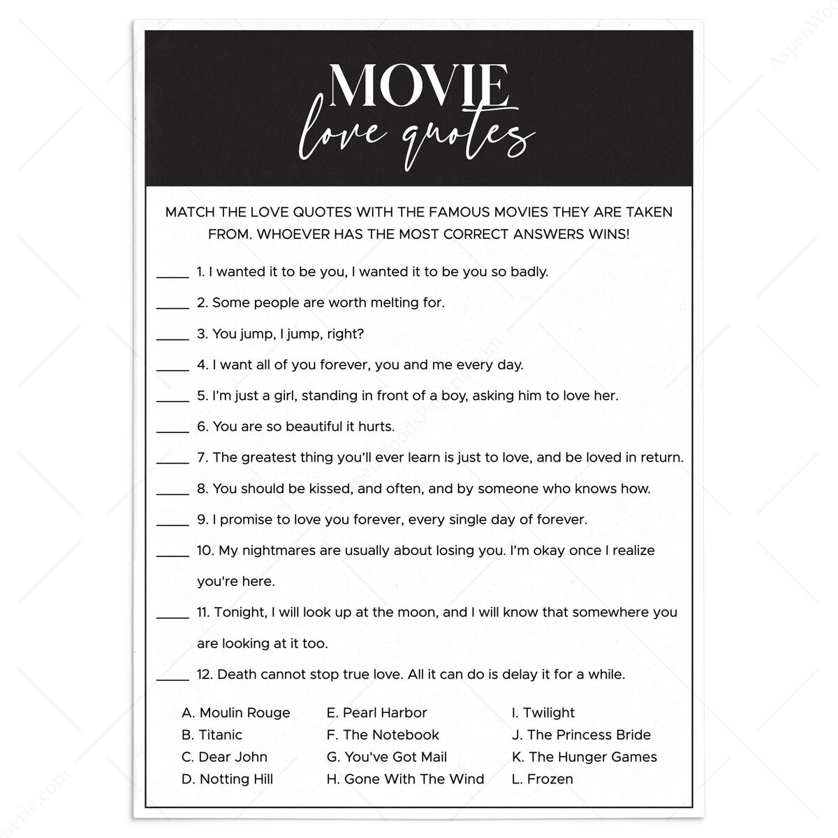 Fun Movie Love Quotes Game | Black and White Hens Night Game