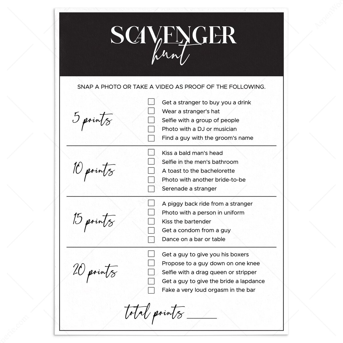 Hen Party Scavenger Hunt Printable | Black and White Theme