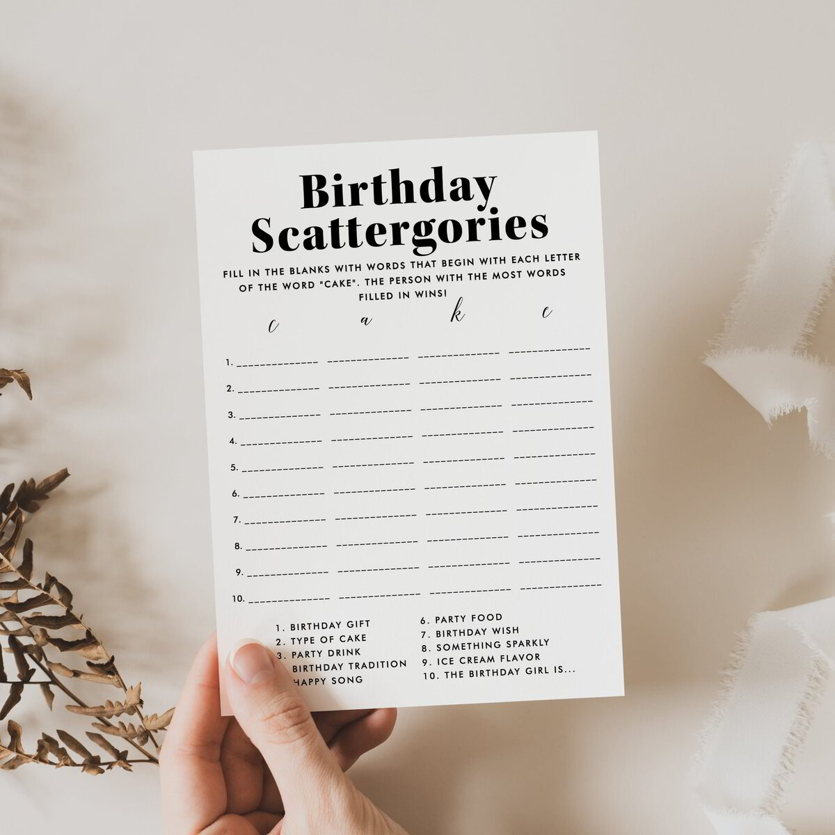 Black and White Birthday Scattergories Printable Game | Instant Download
