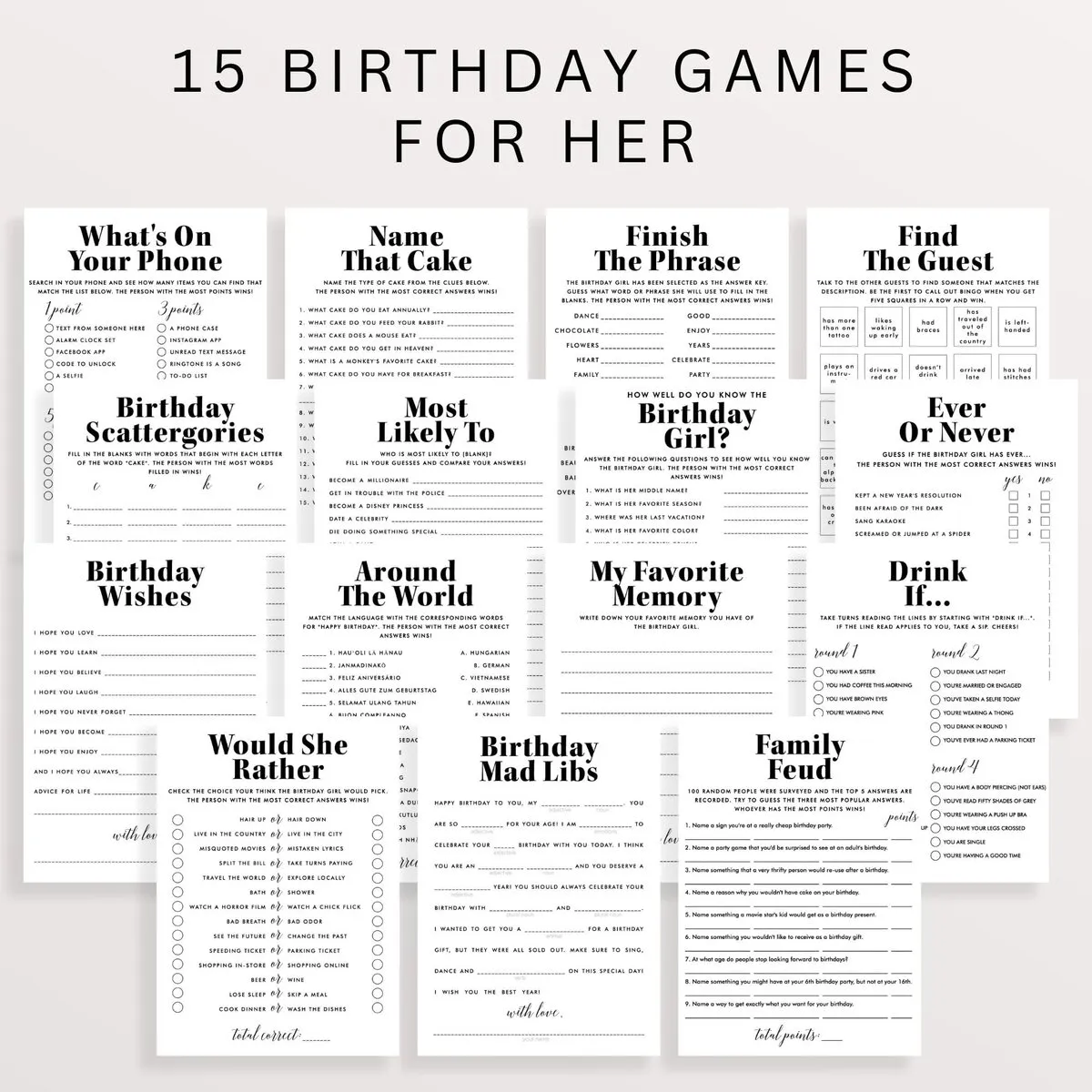 Modern Birthday Girl Games Templates | Minimalist Bday