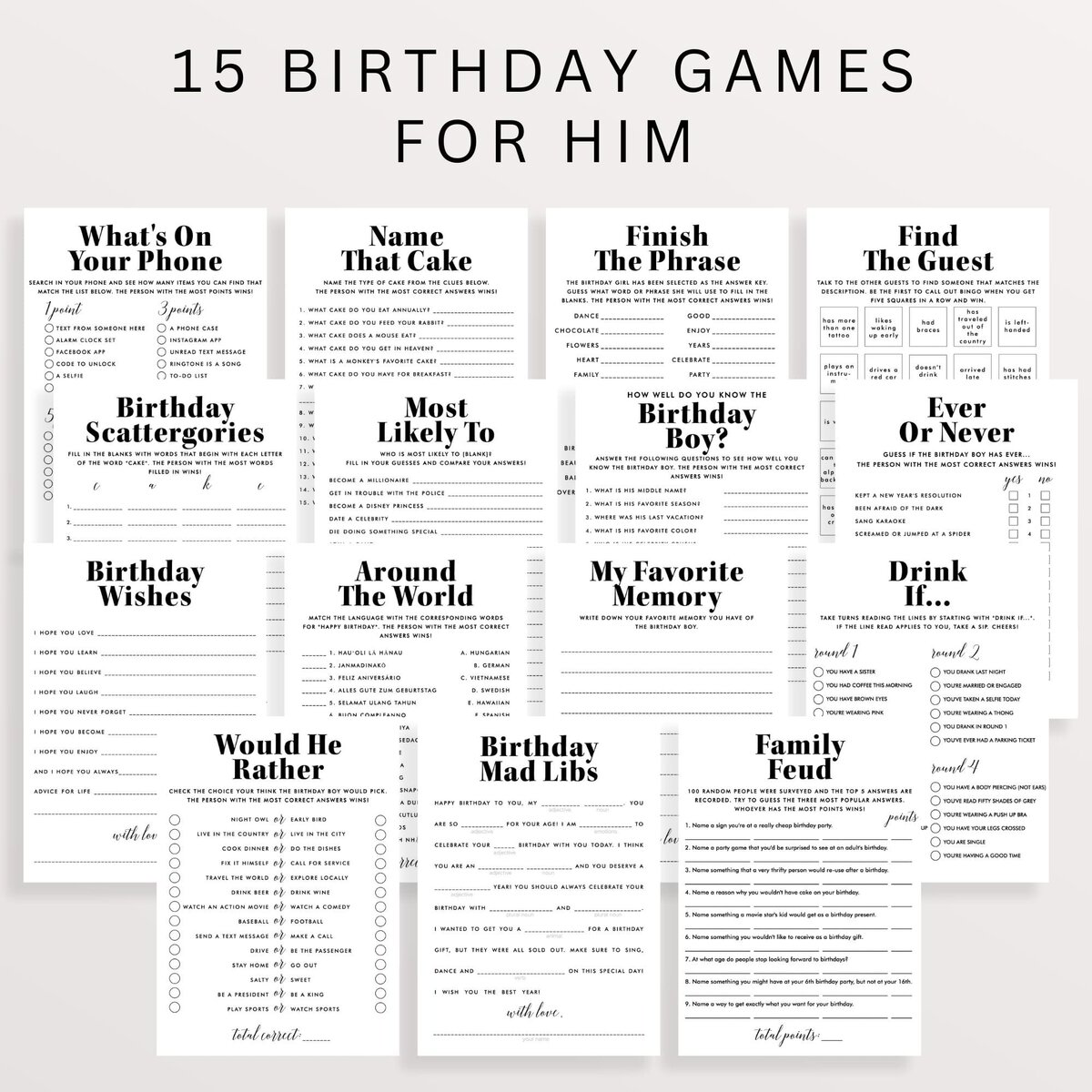 Birthday Games | Mens Birthday Games Bundle | Minimalist Theme