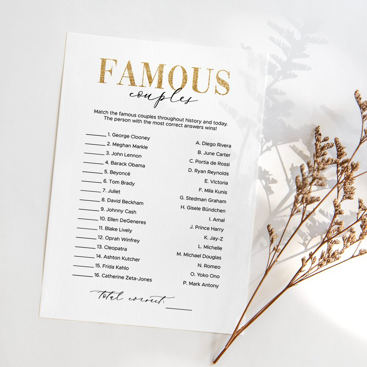 Gold Match the Famous Couples Game | Instant Download