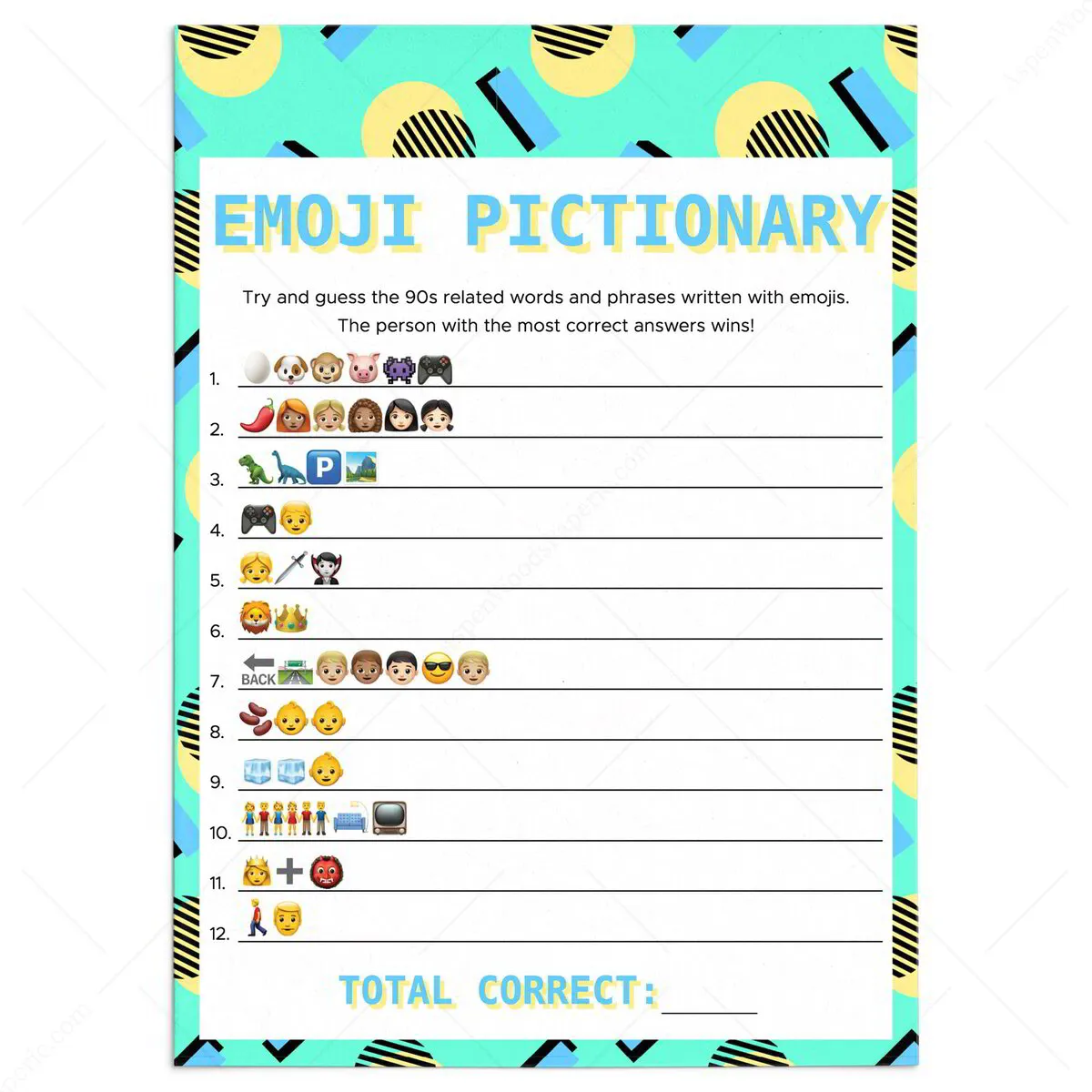 90s Themed Emoji Pictionary Game Printable | Nineties Party