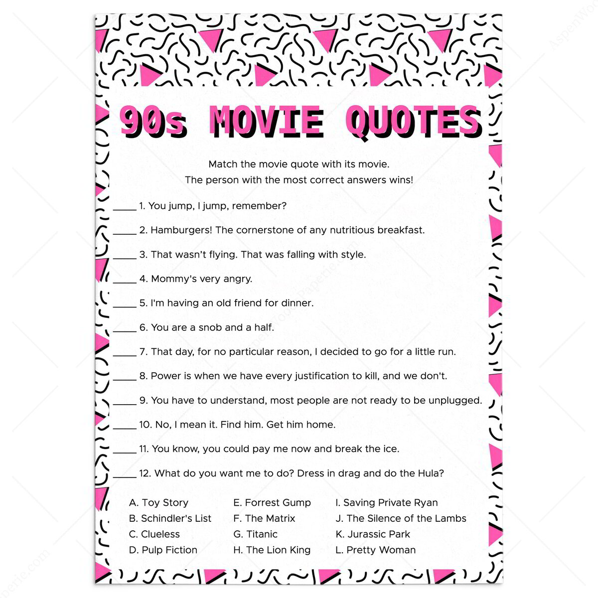 90s Movie Quotes Game | Digital Download | 90s Party Games