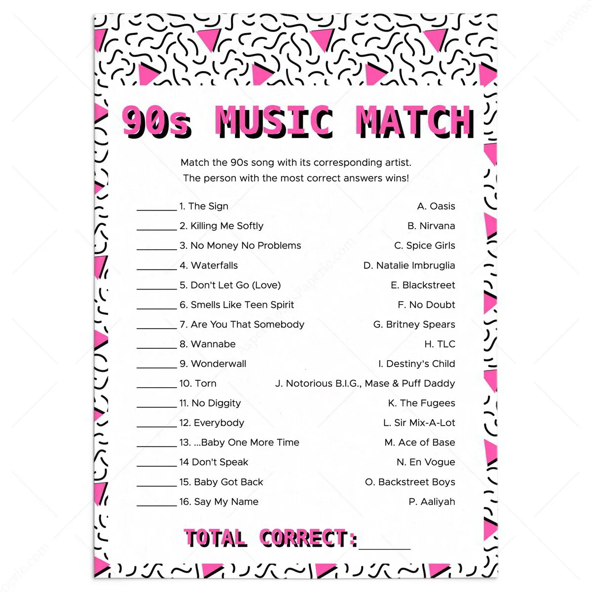 90s Music Match | Icebreaker Game Printable | 90s Party