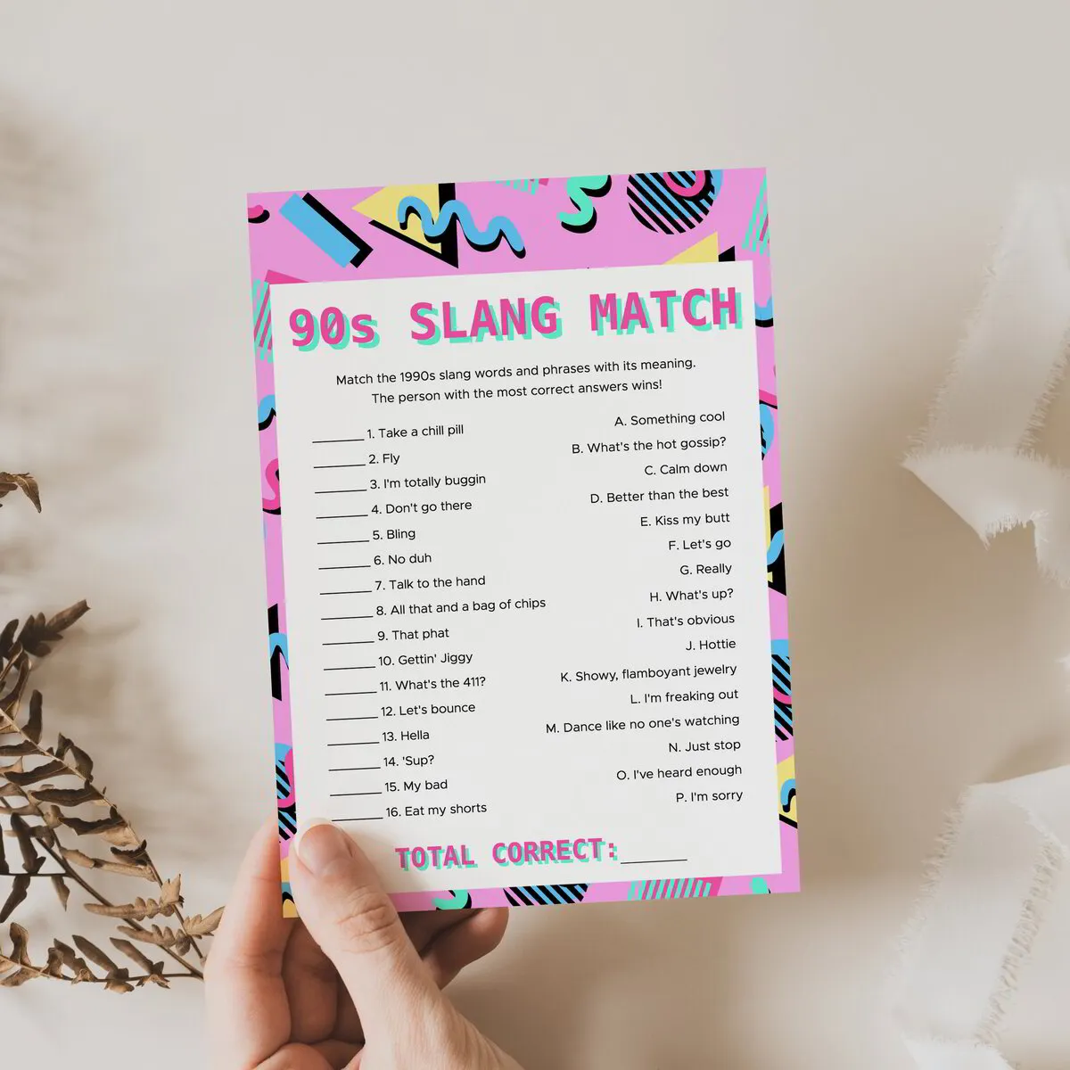 90s Slang Matching Game | 90s Themed Party Activity Ideas