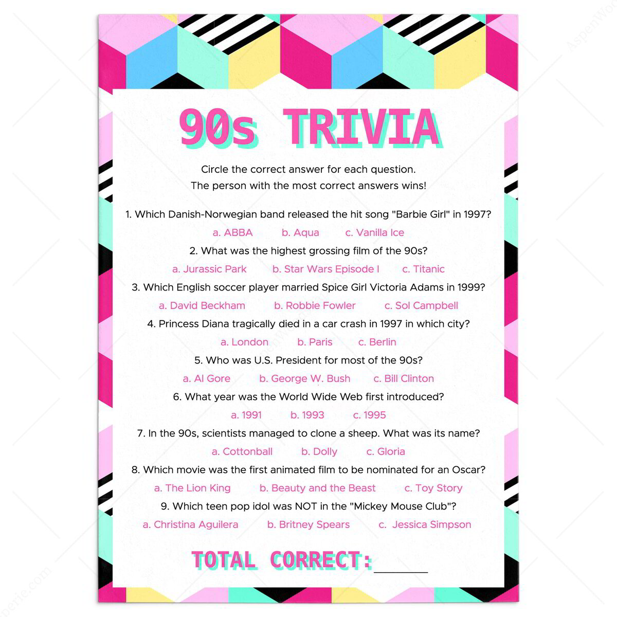 90s Trivia | Quiz for Nineties Party | Printable Download