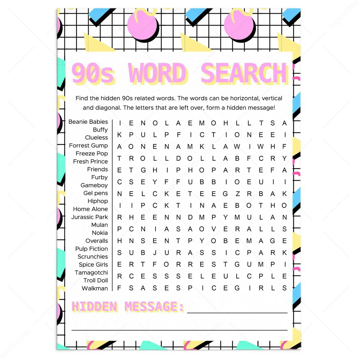 90s Word Search Game | 90s Edition | 90s Party Games