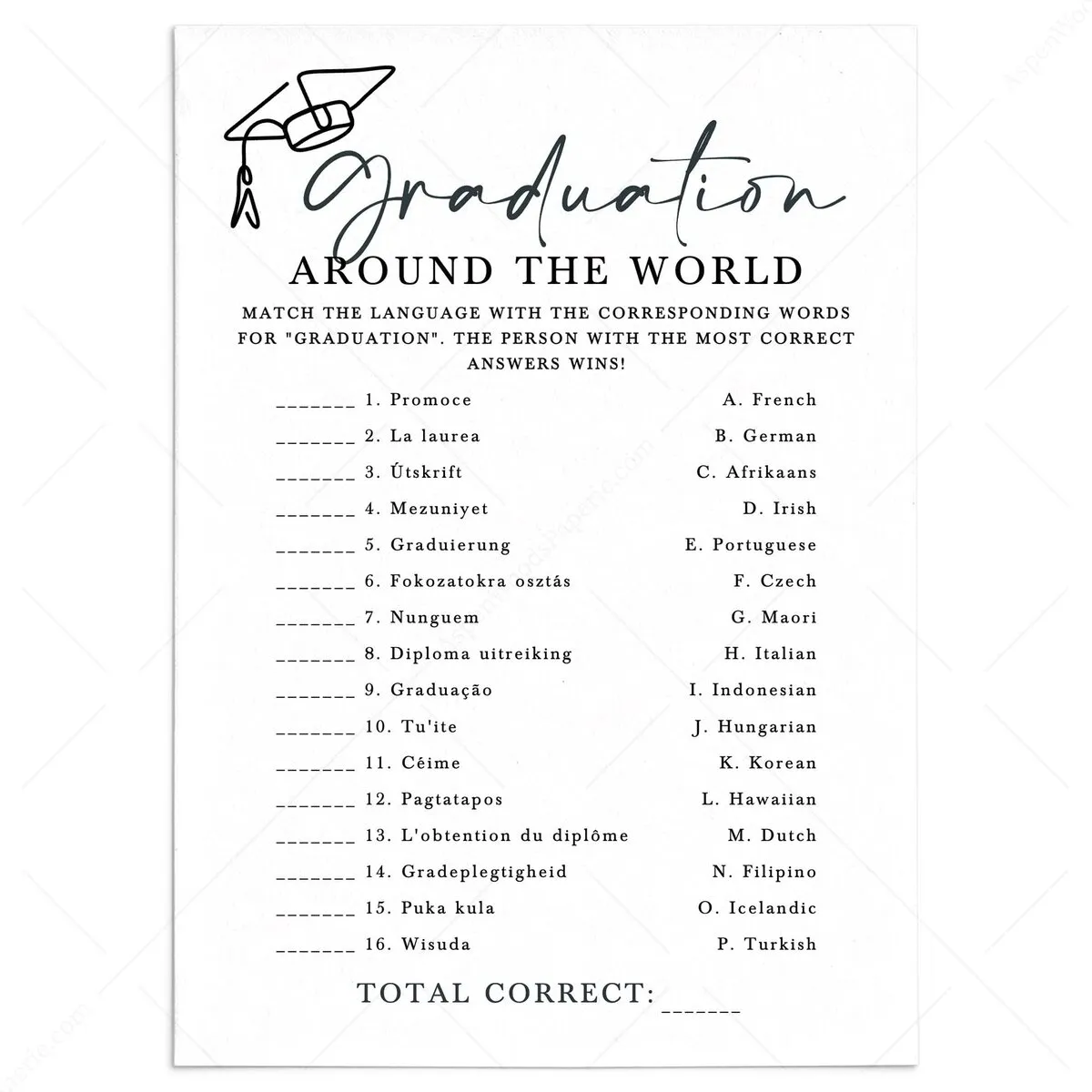 Fun Graduation Language Matching Game | Digital Download