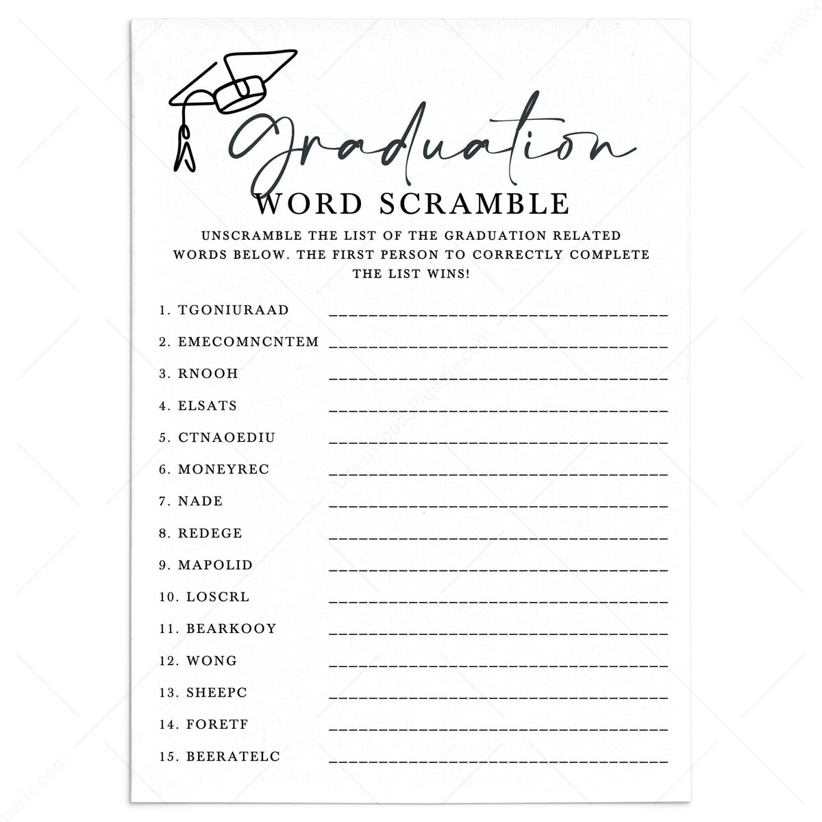 Graduation Word Scramble Answers Included | Black and White