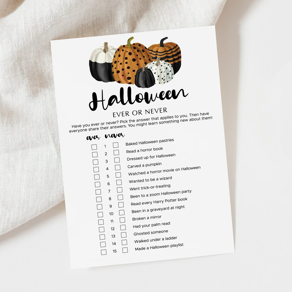 Have You Ever or Never Printable | Pumpkin Halloween Game