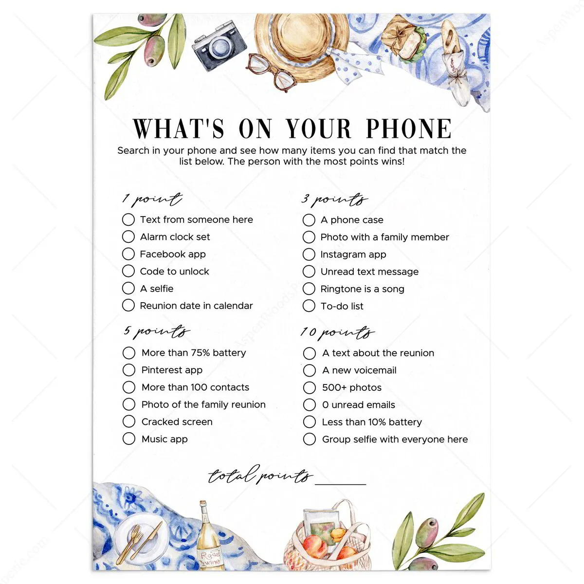 Whats In Your Phone Game Printable | Family Reunion