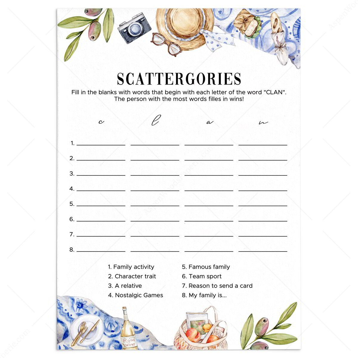 Family Reunion Icebreaker Scattergories Game | Printable