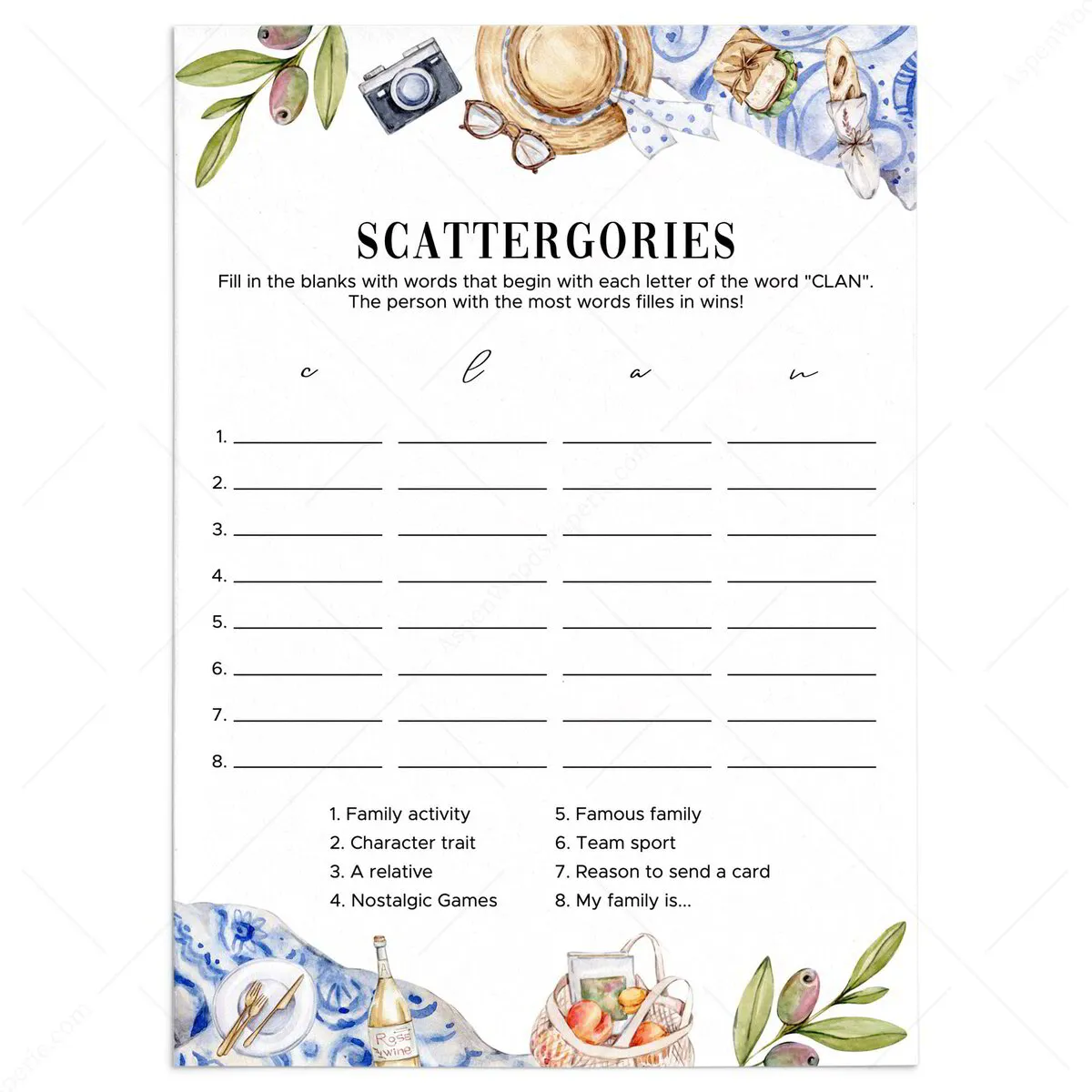 Family Reunion Icebreaker Scattergories Game | Printable