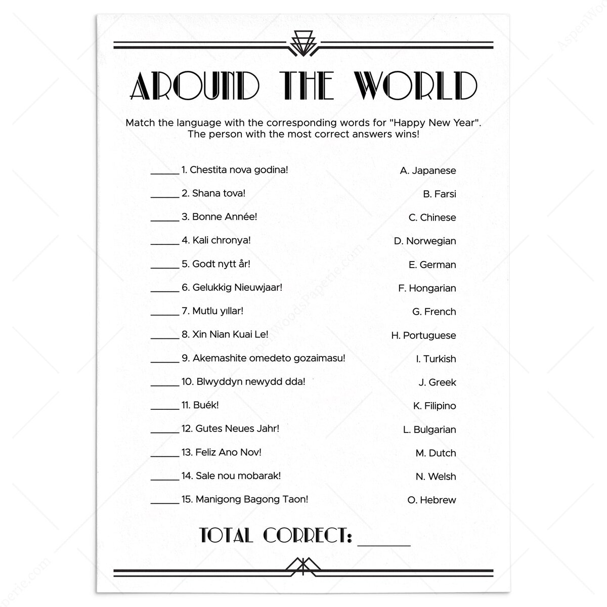 Language Around the World | Newyears Eve Game Printable