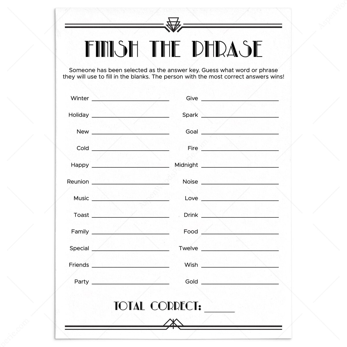 Art Decor Finish the Phrase | Newyears Eve Game Printable