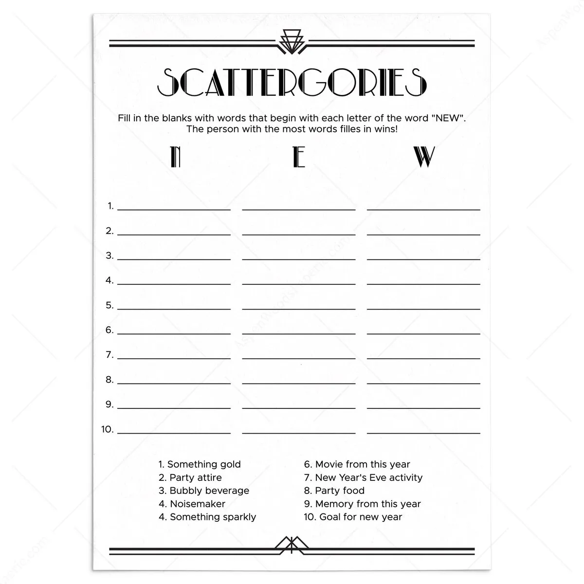 Roaring Twenties Scattergories | New Years Eve Categories Game