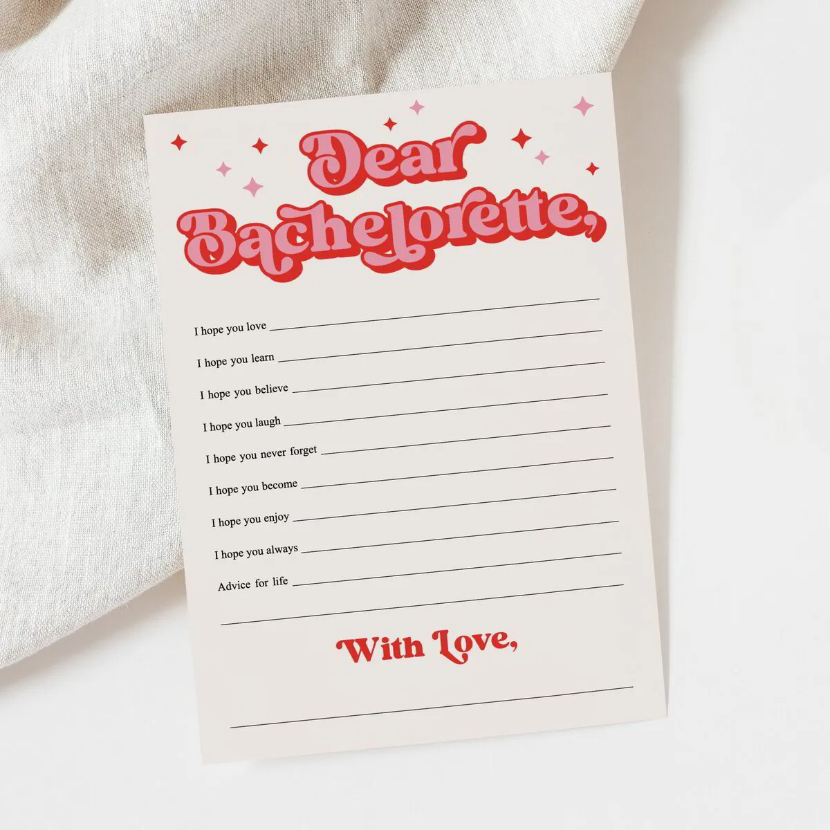 Pink Dear Bachelorette Wishes | Advice Card Printable