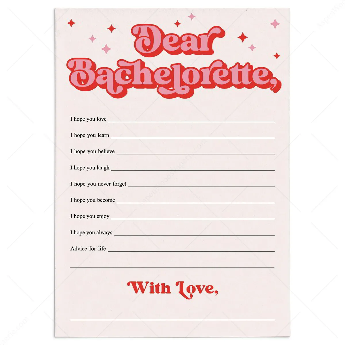 Pink Dear Bachelorette Wishes | Advice Card Printable