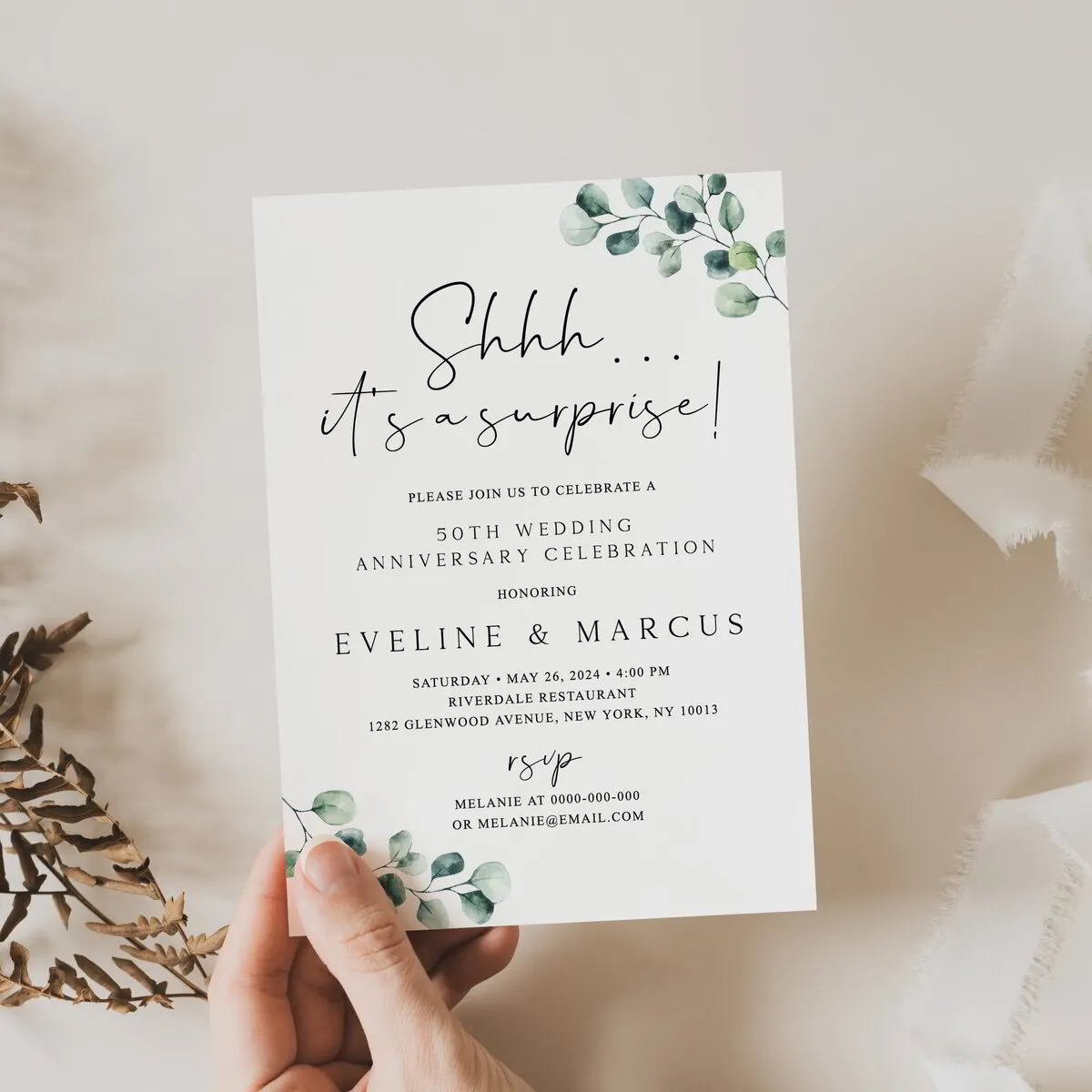 Greenery Wedding Anniversary Invitation Template | Editable