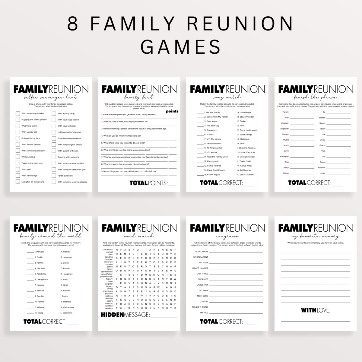 Modern Family Reunion Activity Bundle | Personalizable Templates