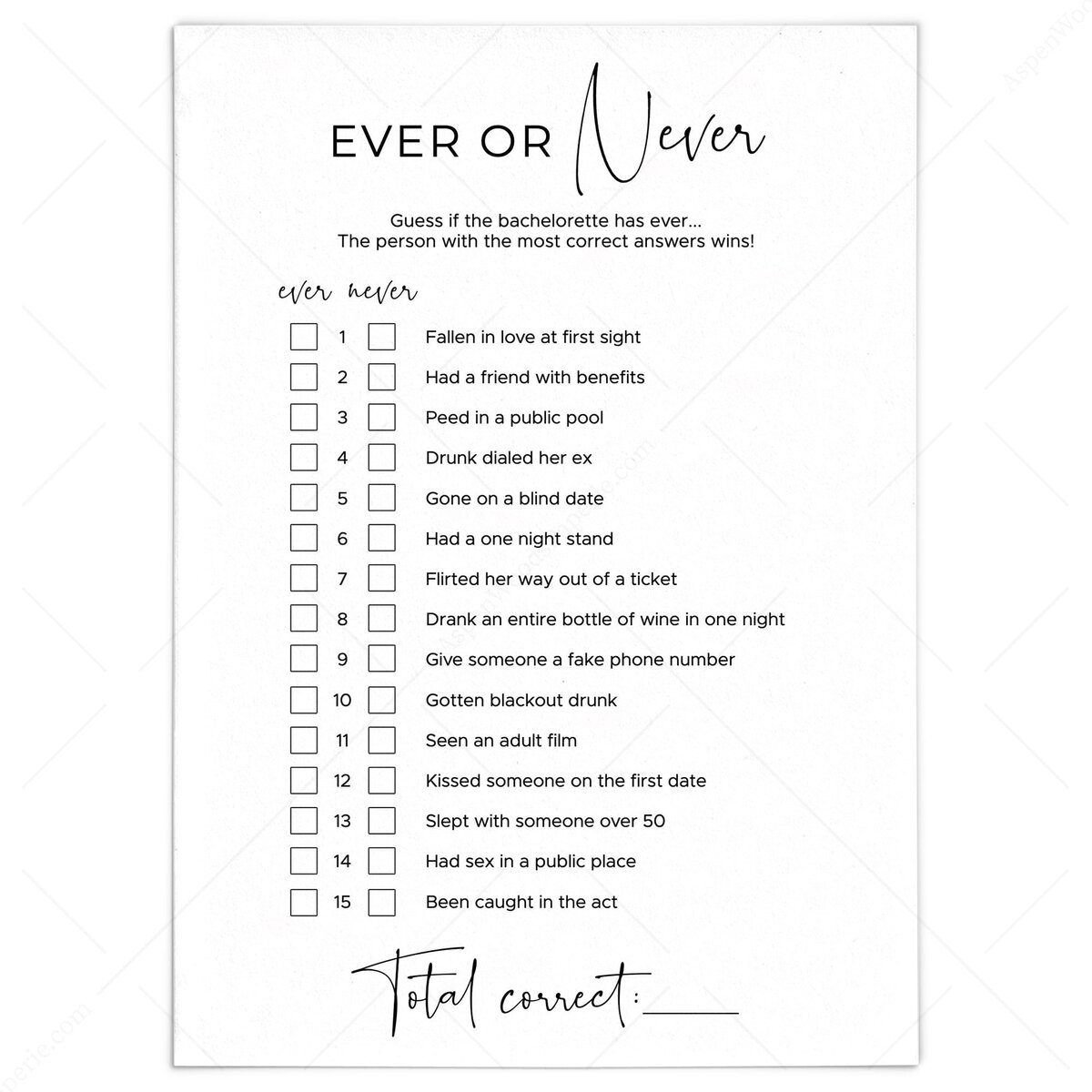 Ultimate Bachelorette Party Ever or Never Game | Printable Hen Night Game