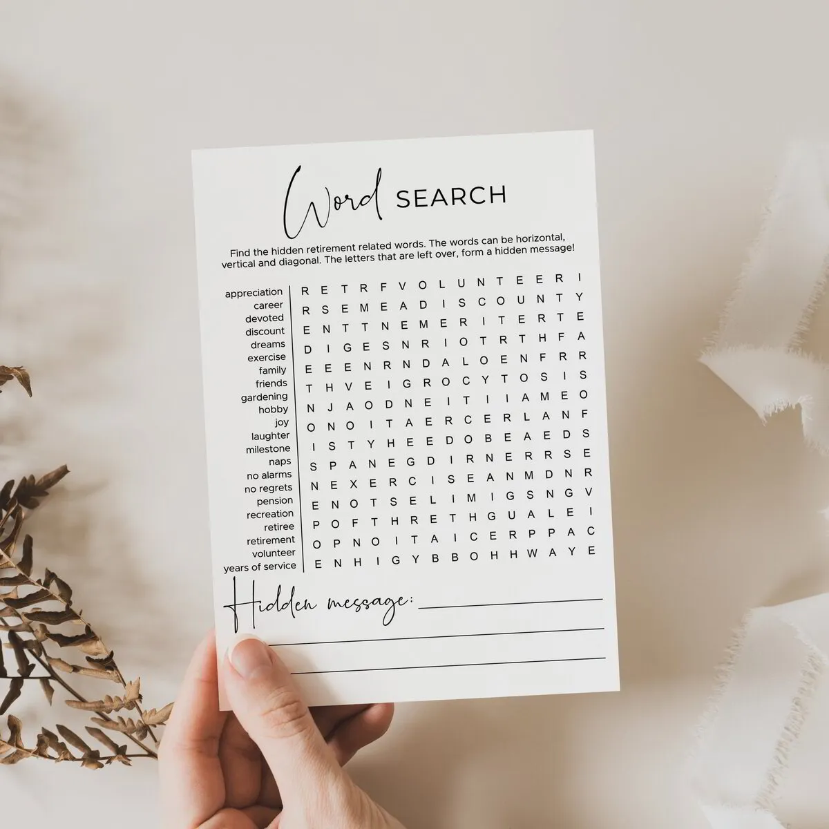 Minimalist Retirement Word Search Puzzle | Printable Game
