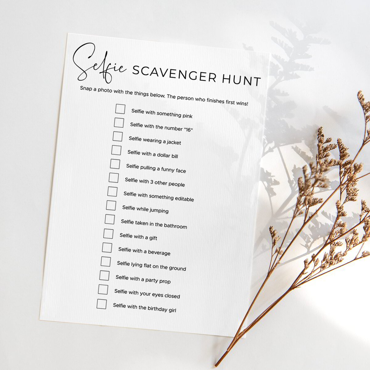 Selfie Scavenger Hunt Sweet Sixteen Game Printable