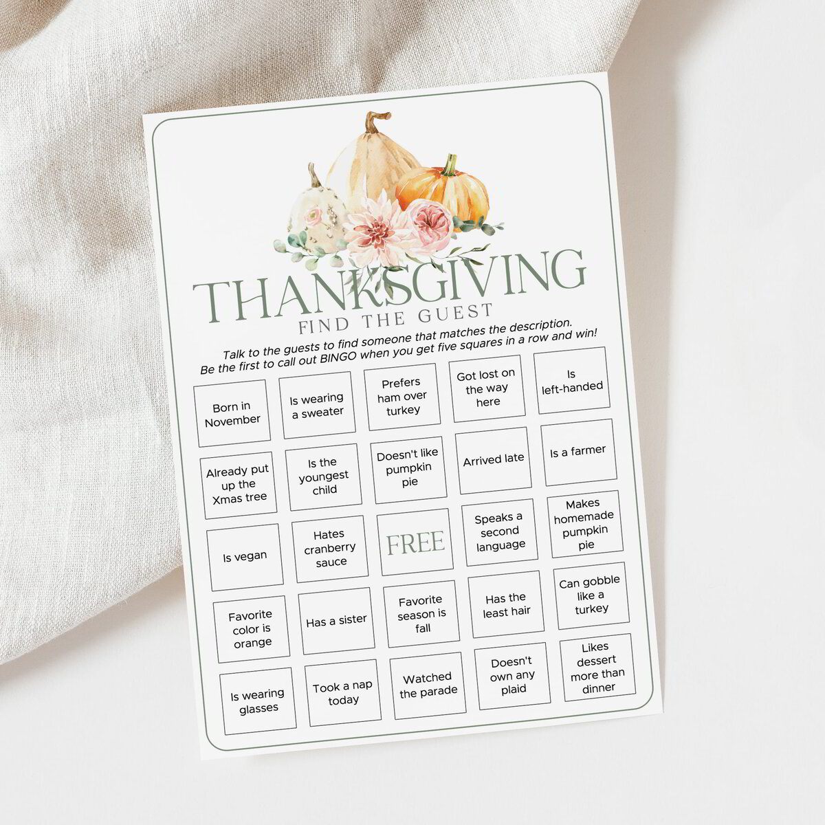 Find the Guest Thanksgiving Bingo Card Printable | Watercolor Pumpkins