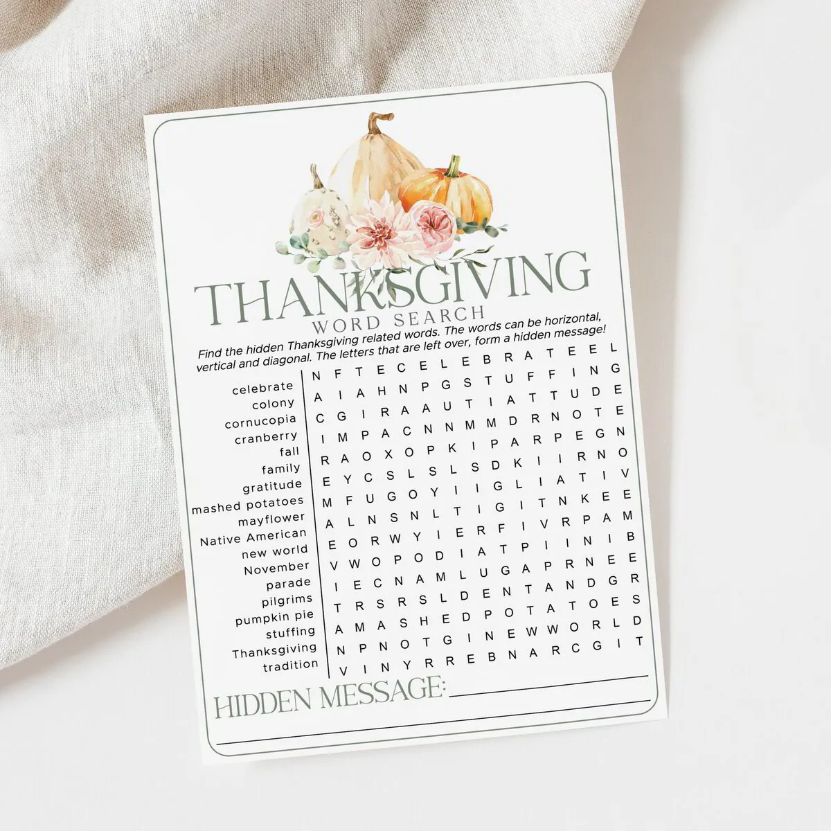 Printable Thanksgiving Word Search Game with Hidden Message | Download Now