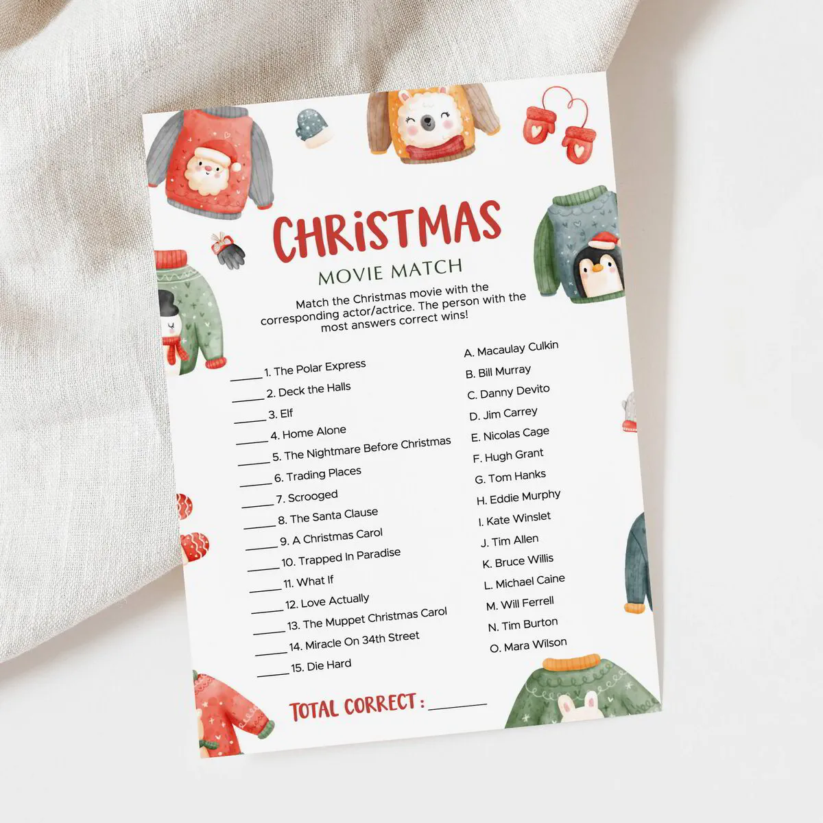 Movie Match | Christmas Holiday Movie Trivia Game Printable