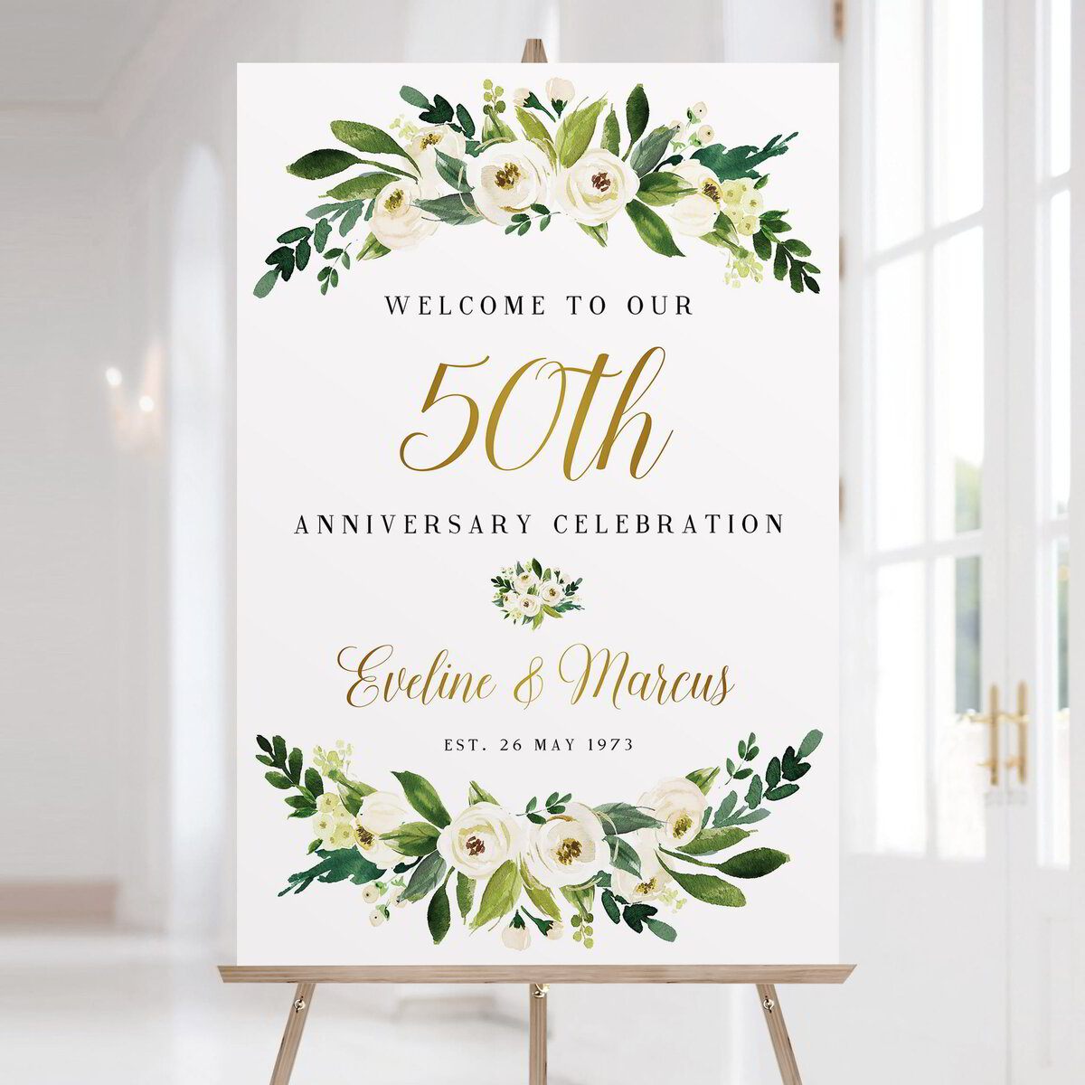 White Flowers Wedding Anniversary Welcome Sign| Editable Template