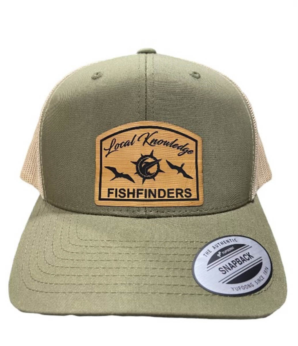 "Local Knowledge FISHFINDERS Wood Grain Patch Hat" OD Green + Tan